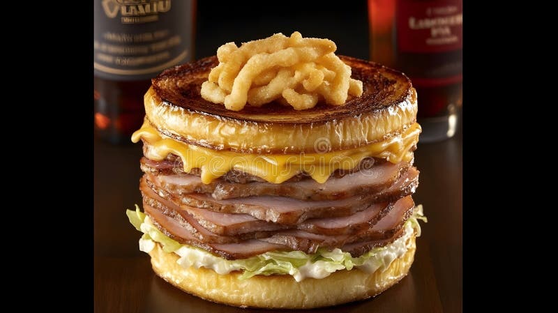 A Large, Layered Ham and Cheese Sandwich with Crispy Onion Rings on Top ...