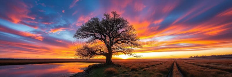 A Large, Leafless Tree is Centered in a Flat, Grassy Field Stock Image ...