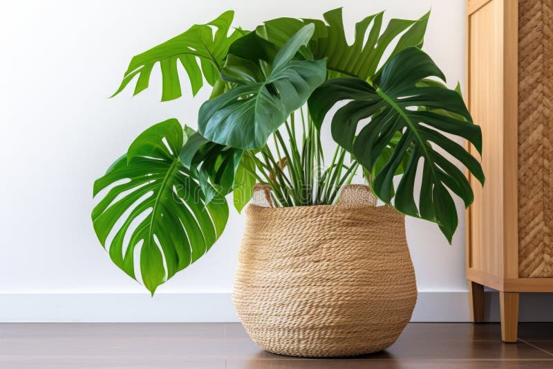 A Large Leafy Monstera Plant in a Woven Basket Stock Photo - Image of ...