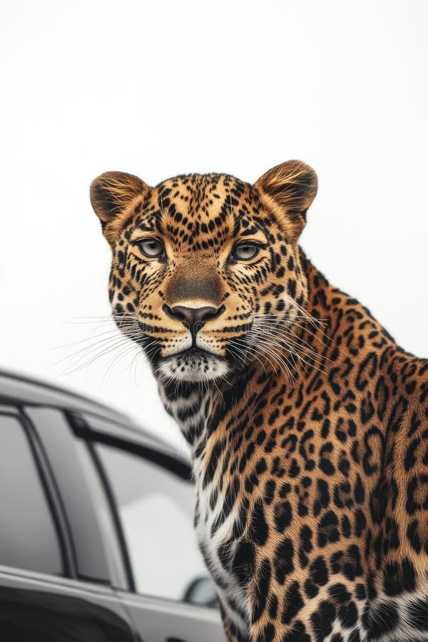 A Large Leopard Stands Next To a Car, Offering a Unique and Unexpected ...