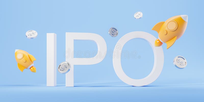Large Letters IPO with Rockets and Coins on a Blue Background Stock ...