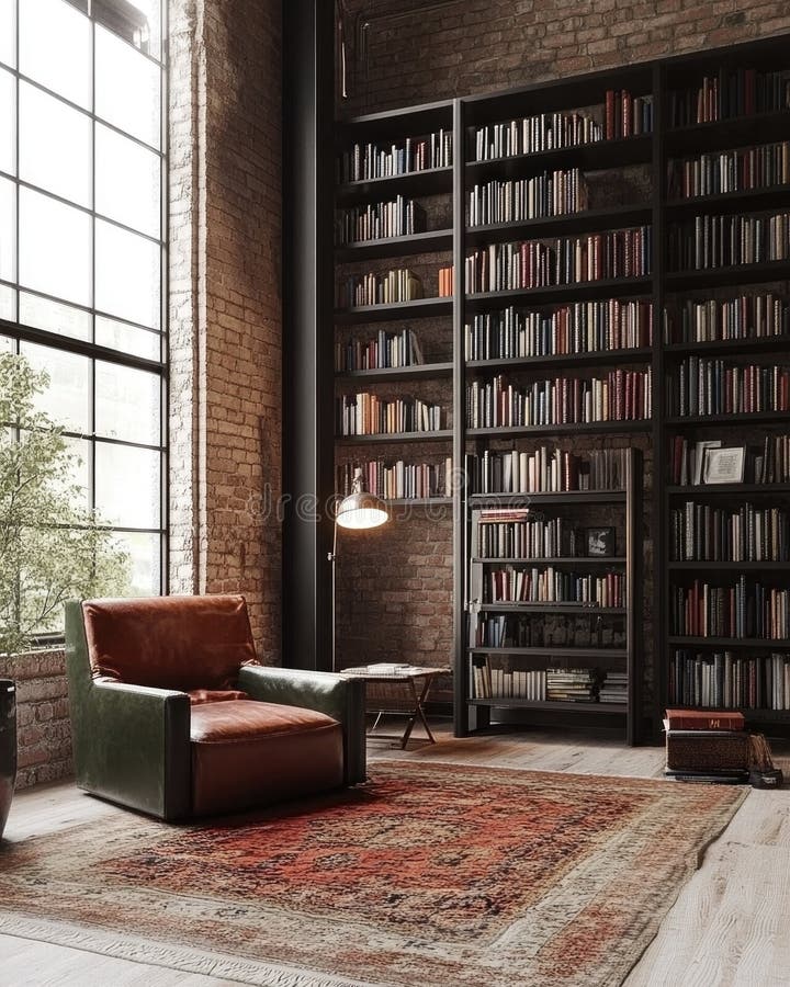 A Large Library with a Brown Leather Chair and a Lamp Stock Photo ...