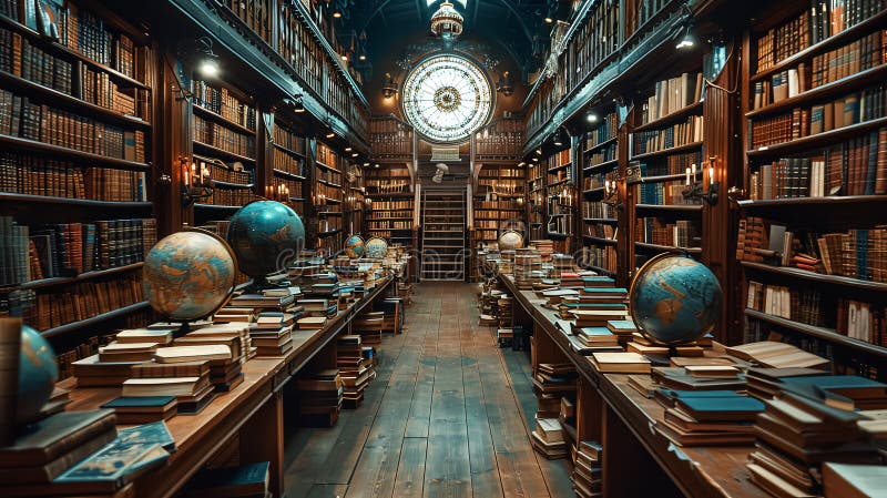 A Large Library with Many Bookshelves and a Clock on the Wall Stock ...