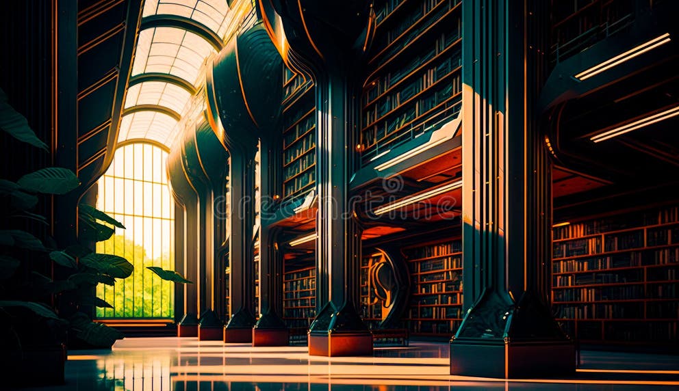 Large Library with Pool of Water in the Middle of the Room. Generative ...