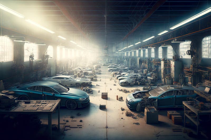 Large Light Workshop of Automotive Industry with Many Bodies for ...