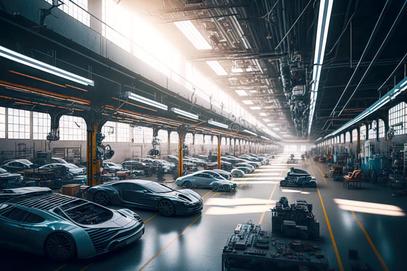 Large Light Workshop of Automotive Industry with Many Bodies for ...