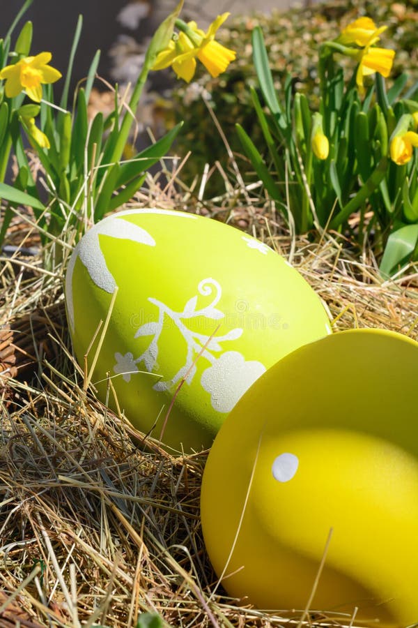 Large Light Yellow-green Decorative Easter Egg Lying on Straw Stock ...