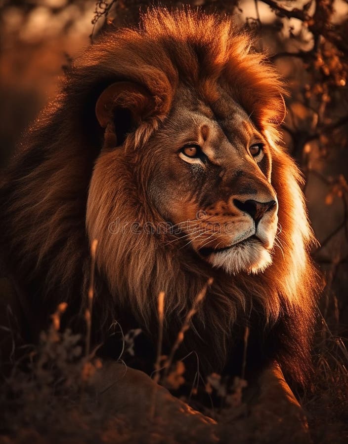 A Large Lion Standing in a Field Next To a Tree Stock Illustration ...