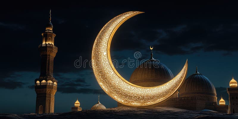 Large, Lit Up Crescent Moon is in Front of a Mosque Stock Photo - Image ...