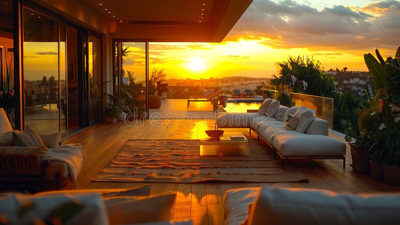 A Large Living Room with Couches and a View of the Sunset Stock Photo ...