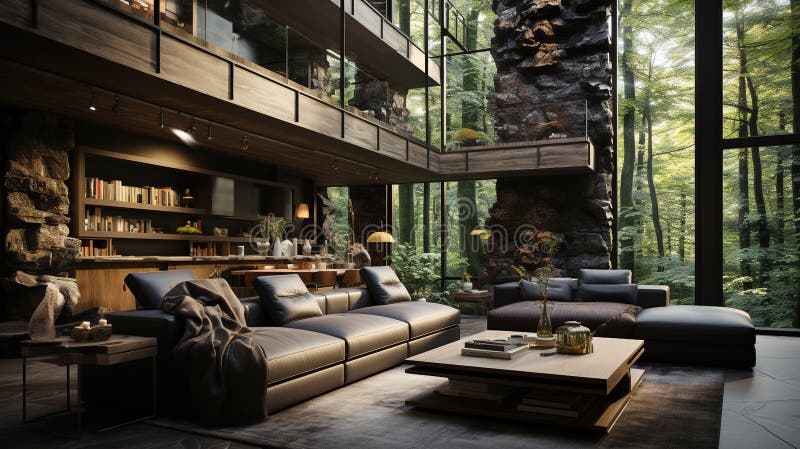 Large Living Room with High Ceilings with a Large Gray Sofa Panoramic ...