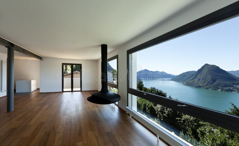 Large Living Room with Panoramic Window Stock Photo - Image of living ...