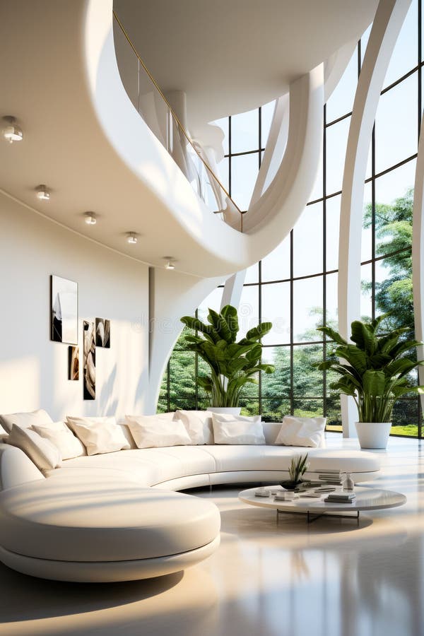 Large Living Room with White Couch and Large Windows. Generative AI ...