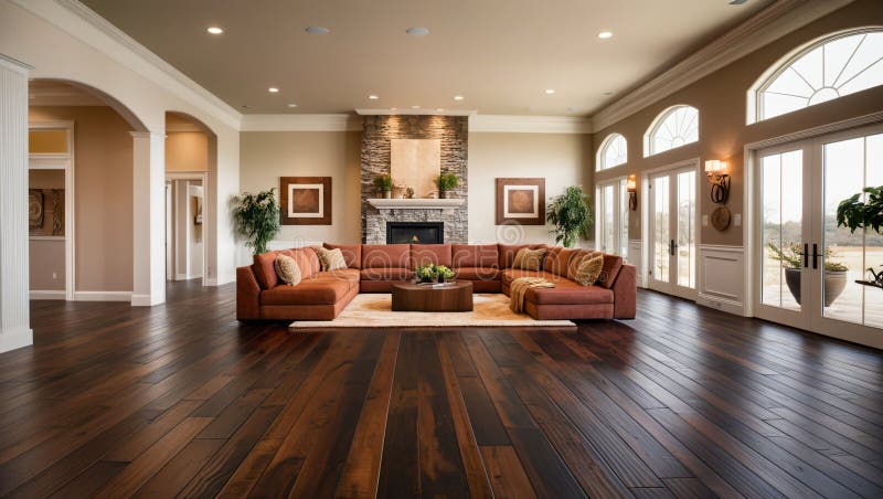 A Large Living Room with a Large Wood Floor Stock Illustration ...