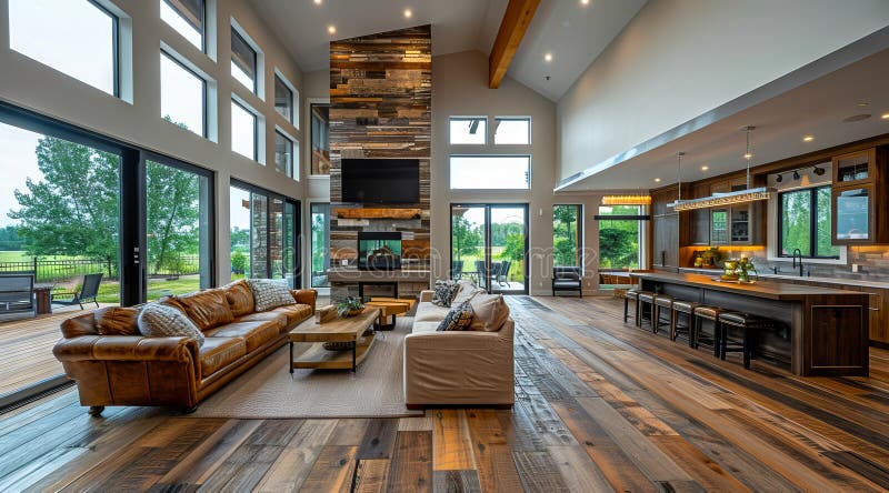 A Large Living Room with Wood Floors and Large Windows Stock Photo ...