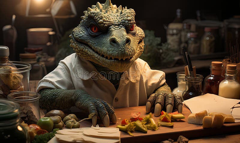 Large Lizard Sitting at Table with Food Stock Photo - Image of ...