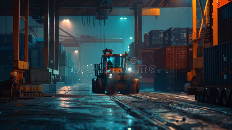 A Large Loader Drives through the Warehouse at the Seaport at Night ...