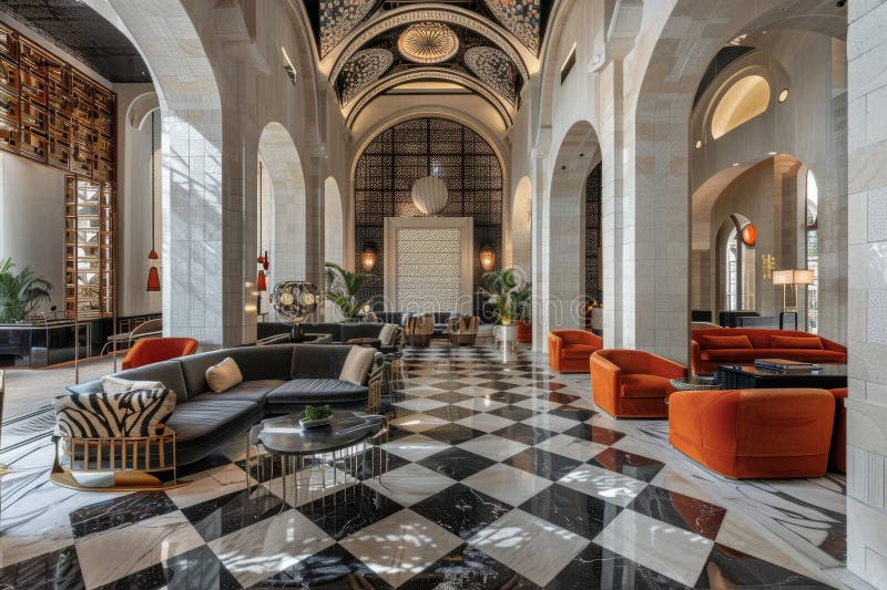 A Large Lobby Featuring a Checkered Floor, High Ceilings, and Art Deco ...