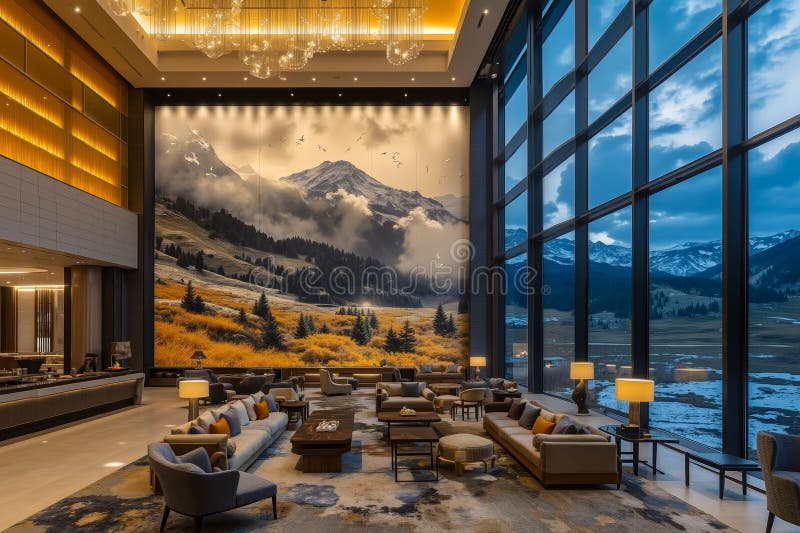 A Large Lobby with a View of the Mountains Stock Photo - Image of ...