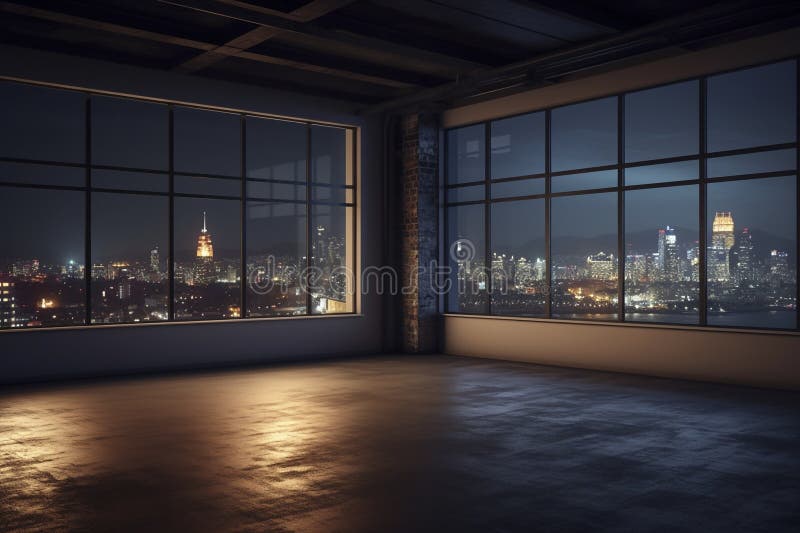 Large Loft Space with City View Window, Created with Generative AI Stock Illustration ...