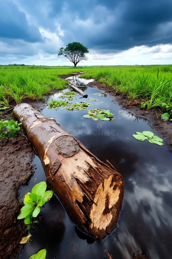 A Large Log in the Middle of a Muddy Field with a Tree in the ...