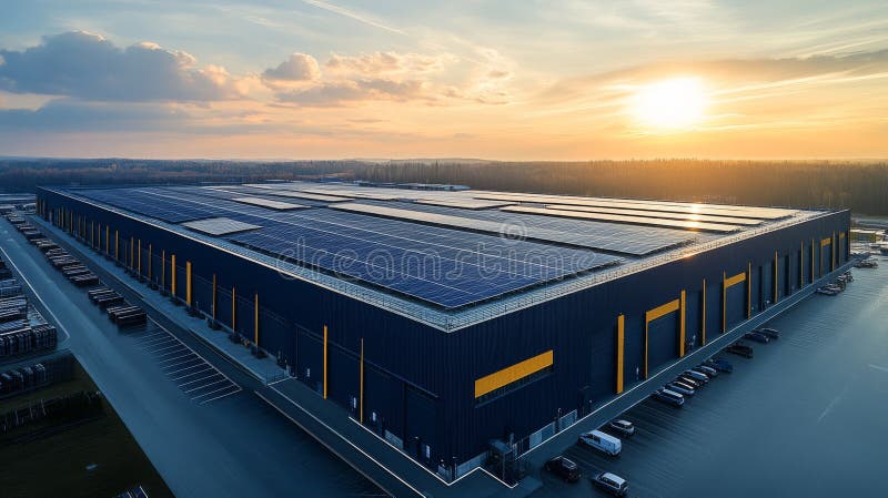 Large Logistics Warehouse with Solar Panels at Sunset, Showcasing Its ...