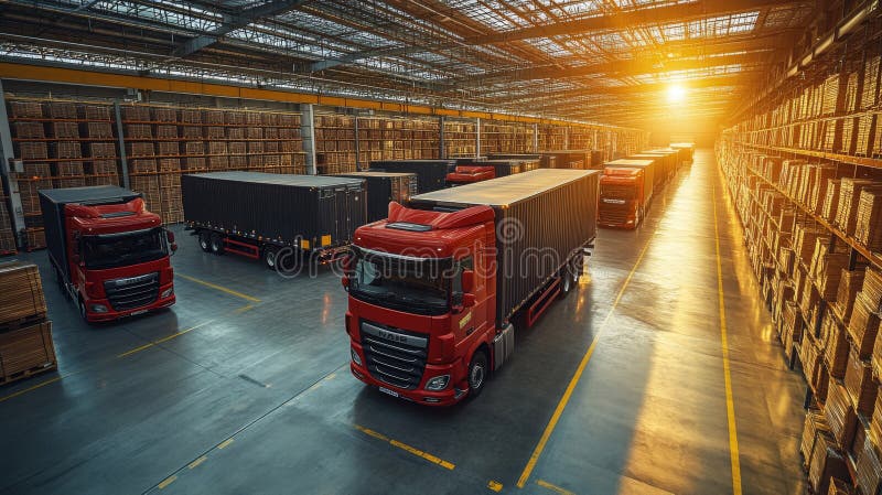 Large Logistics Warehouse at Sunset with Multiple Trucks Preparing for ...