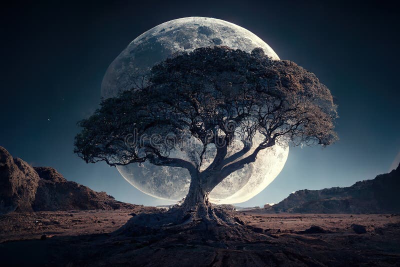 Tree Against the Full Moon at Night. AI Generated Stock Illustration ...