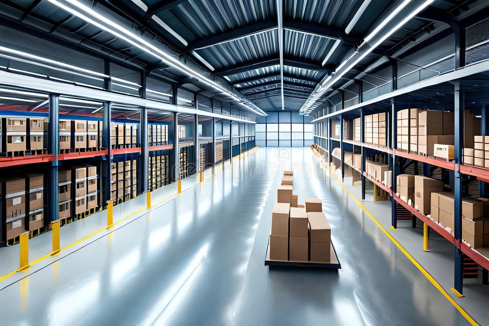 A Large, Long Logistics Warehouse Filled with Boxes, Parcels and ...