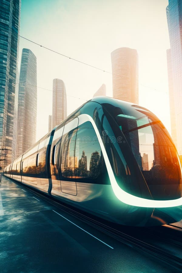 Large Long Train on Steel Track in the Middle of City. Generative AI ...