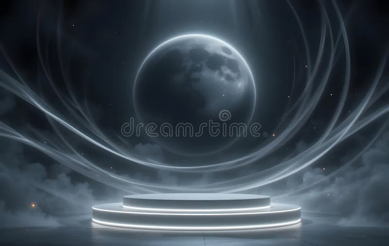 Ethereal Moonlit Scene with Futuristic Platform and Mystical Cosmic ...