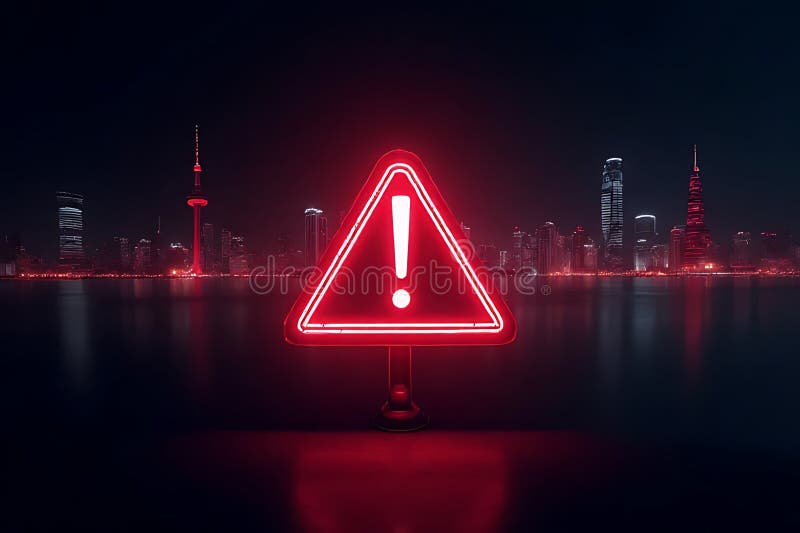 A Large, Luminous Red Caution Sign Stands before a City Skyline at ...