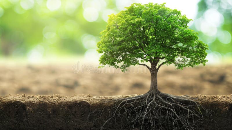 Large Lush Green Tree with Roots Visible Against Empty Background ...