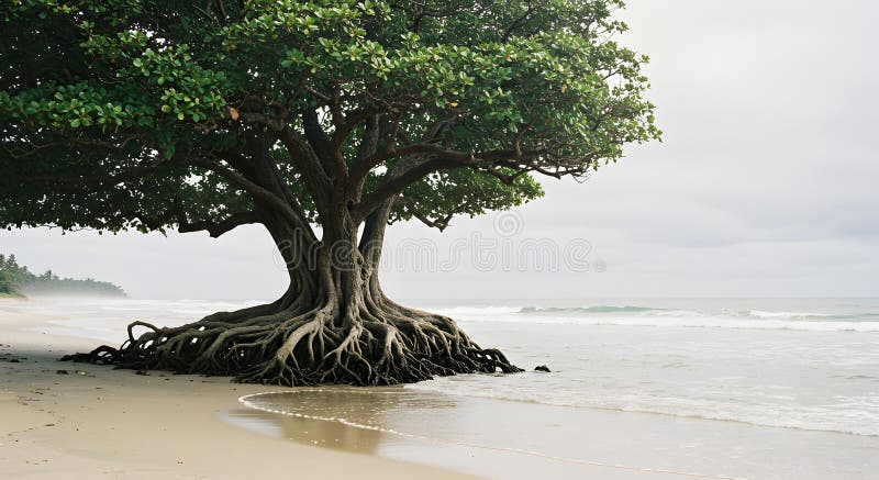 Majestic Coastal Tree with Exposed Roots on Sandy Beach Stock ...