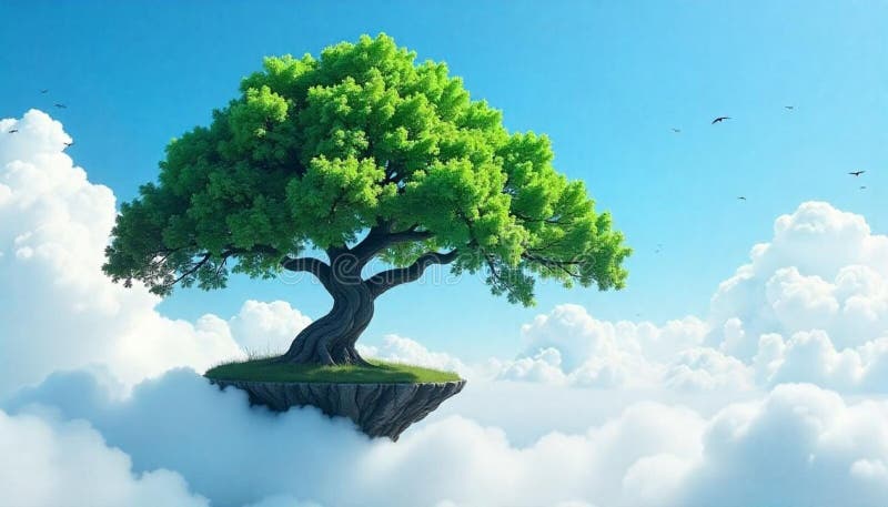 A Large Lush Green Tree with a Twisted Trunk Floating in the Clouds ...