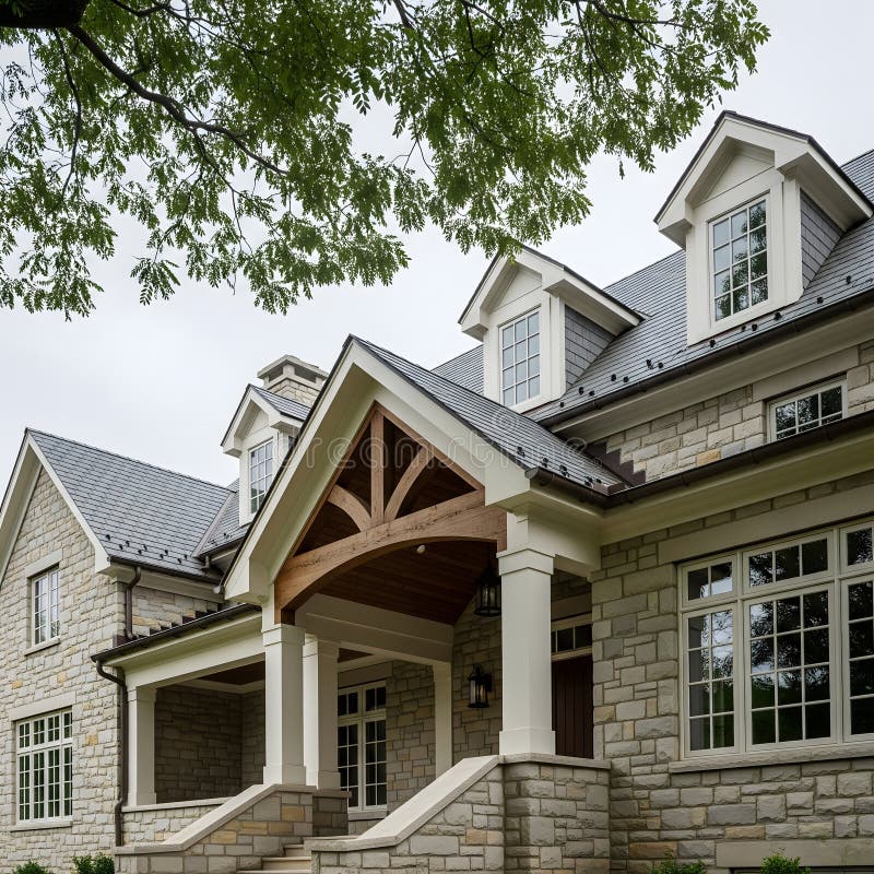 A Large, Luxurious Stone House Features a Grand Entrance with Multiple ...
