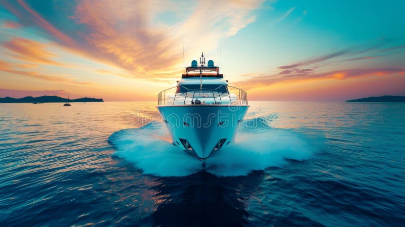 A Large, Luxurious Yacht is Peacefully Floating in the Ocean at Sunset ... A Large, Luxurious Yacht is Peacefully Floating in the Ocean at Sunset ...