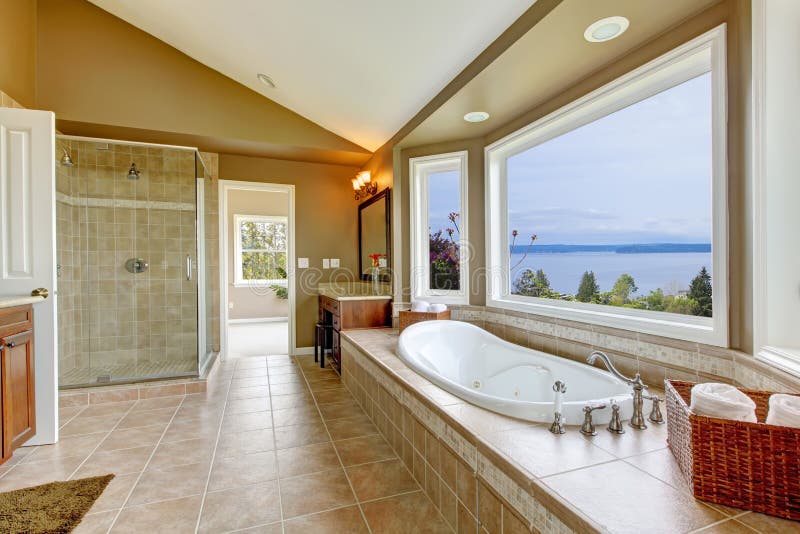 Large Luxury Bath Tub with Water View. Stock Image - Image of american ...