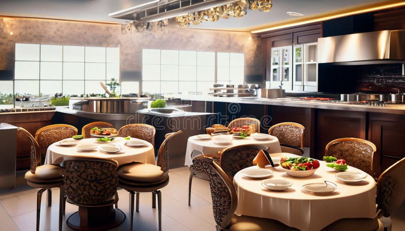 Large Luxury Restaurant with Open Modern Kitchen Stock Illustration ...