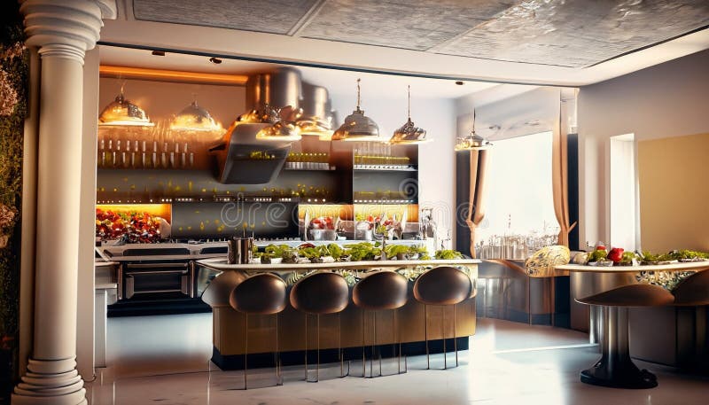 Large Luxury Restaurant with Open Modern Kitchen Stock Illustration ...