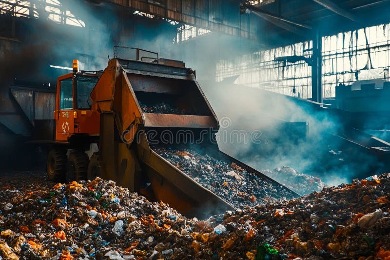 Large Machine Dumping Waste at a Recycling Facility Surrounded by ...