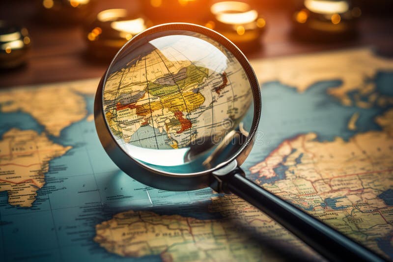 Large Magnifying Glass Over the World Map. Old World Map Stock ...