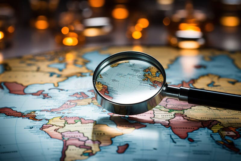 Large Magnifying Glass Over the World Map. Old World Map Stock ...