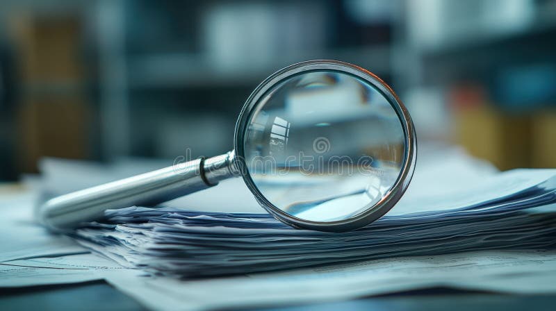 A Large Magnifying Glass is Positioned on Top of a Stack of Papers ...