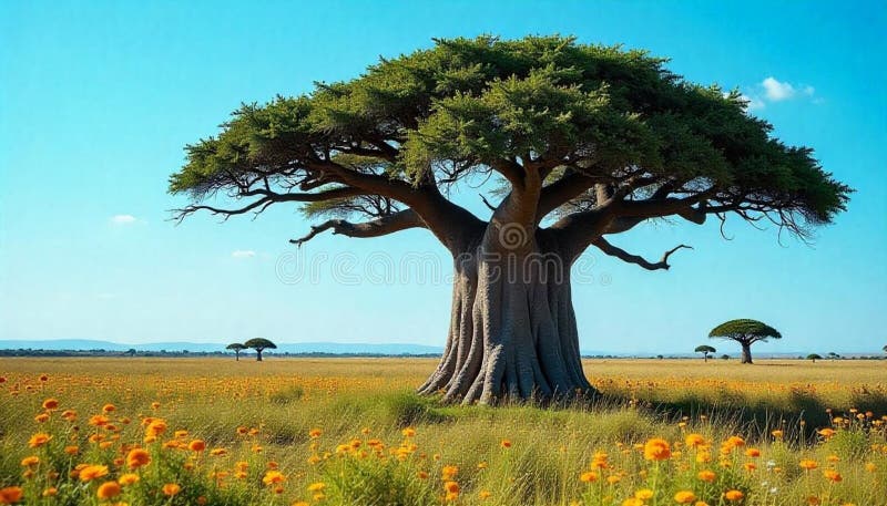 A Large Majestic Baobab Tree with a Thick Twisted Trunk and Lush Green ...
