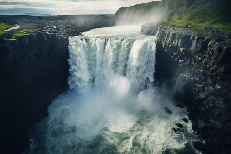 Large Majestic Waterfall Cascading Down, Aerial View Landscape Stock ...
