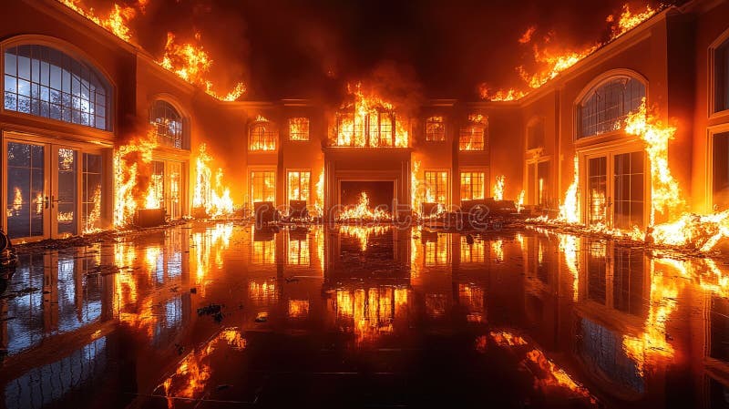 Large Mansion on Fire with Intense Flames Reflecting Off Shiny Floor at ...