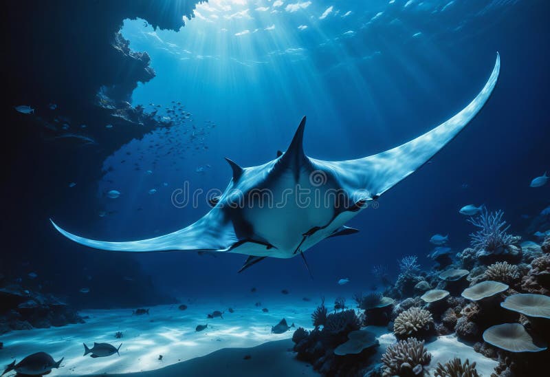 A Large Manta Ray Swimming in a Blue Underwater Environment with Other ...