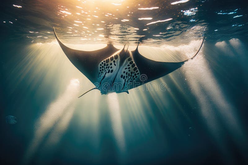 Large Manta Underwater, Ocean, Water Surface with Sparkling Reflections ...