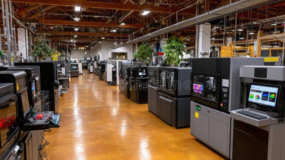 A Large Manufacturing Facility is Lined with Rows of Advanced 3D ...